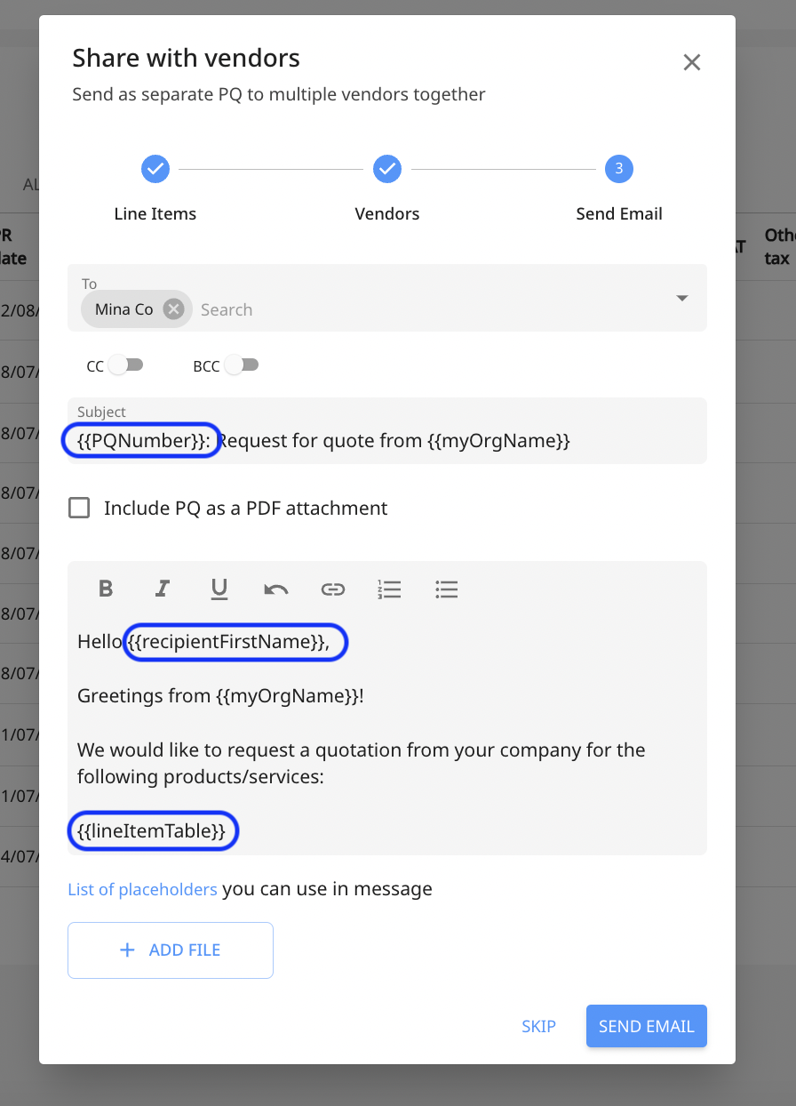 How can I customize my purchase quote email template?
