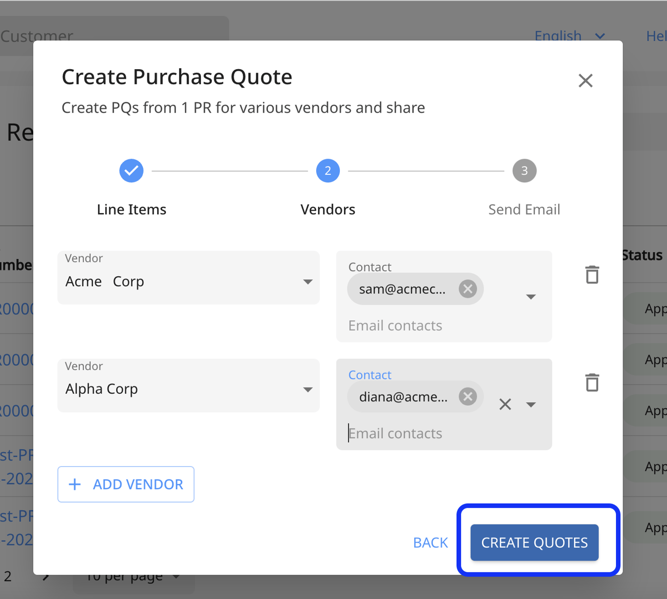 How to send the purchase quote to various vendors and match a purchase ...