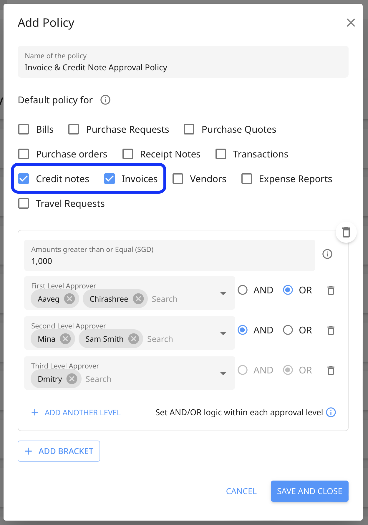 How to set up approval policies for invoices and credit notes?