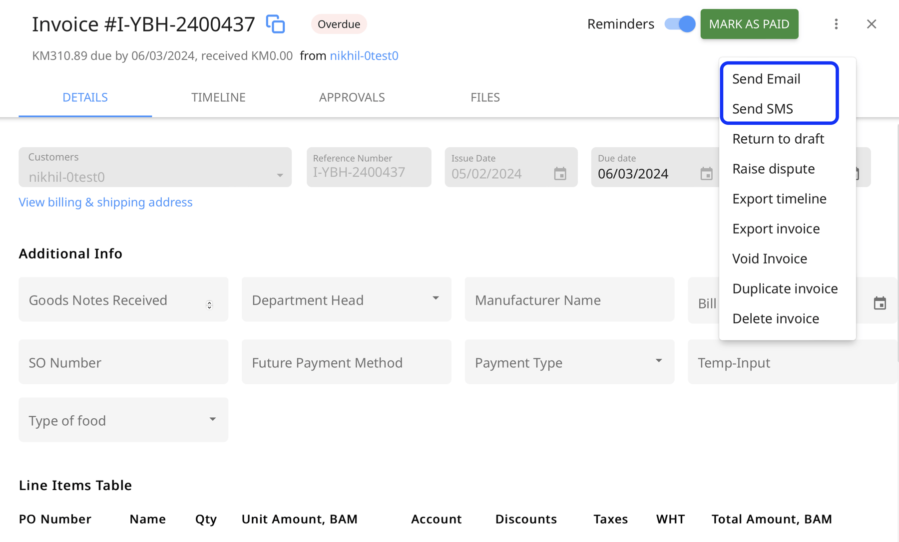 How can I send invoice reminders via ad-hoc email and SMS to customers?