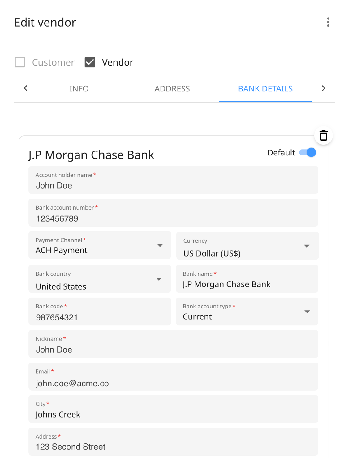 How to fill up the bank details of local USA vendors?