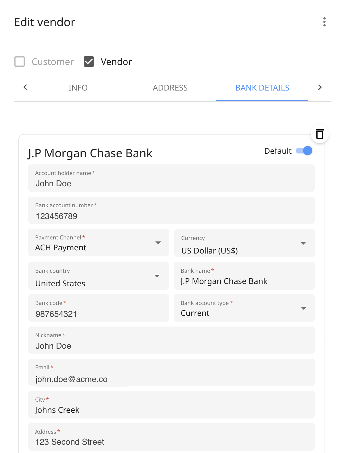 How to fill up the bank details of local USA vendors?